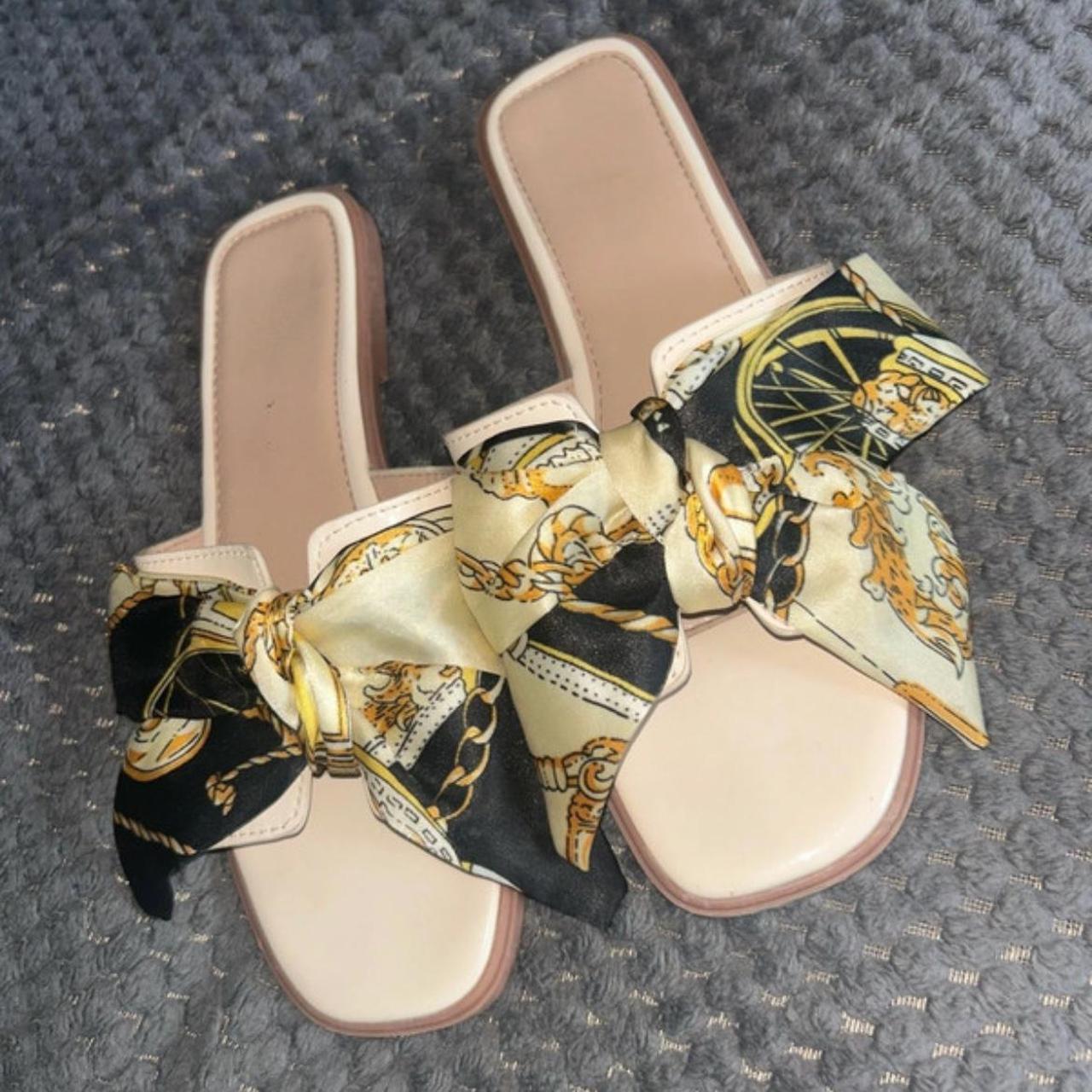 Gold & black satin bow slides. No marks on the toes,... - Depop