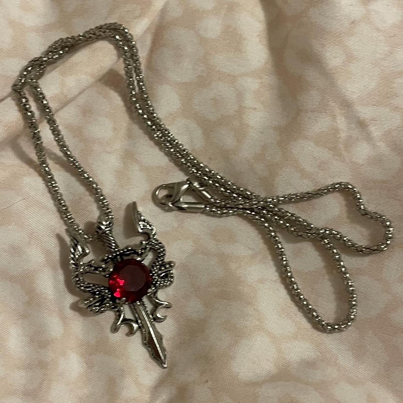 Dragon sword red gem silver chain long necklace... - Depop