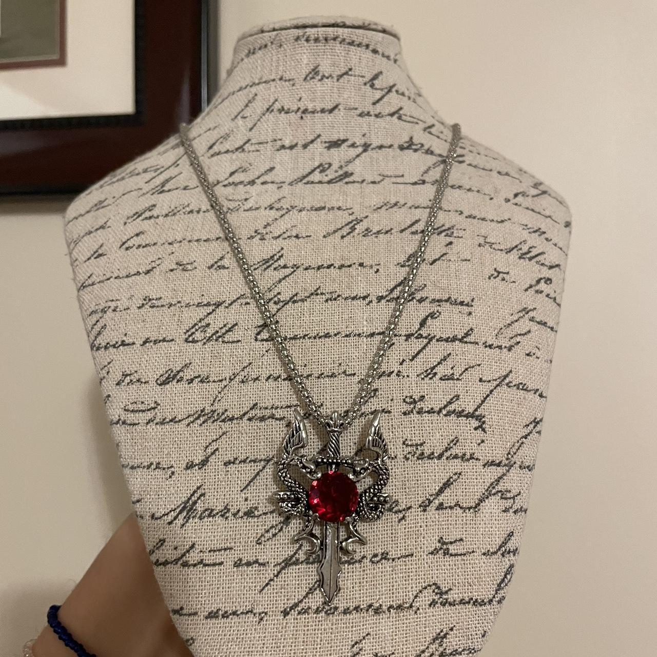 Dragon sword red gem silver chain long necklace... - Depop