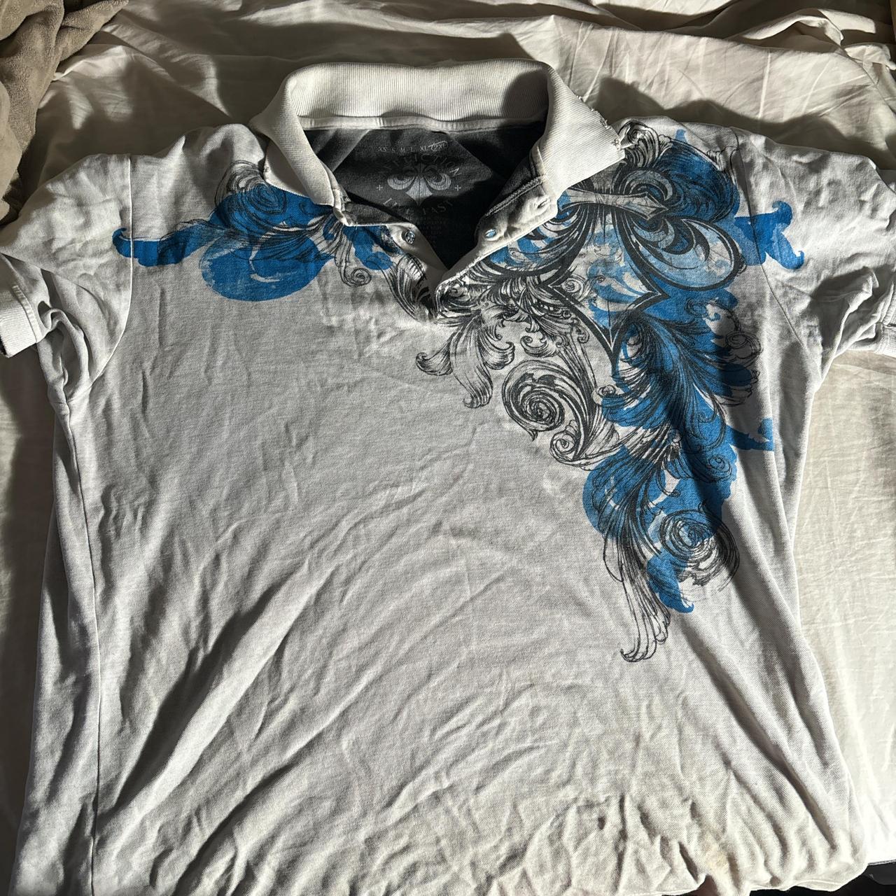 affliction distressed polo with insane graphic... - Depop