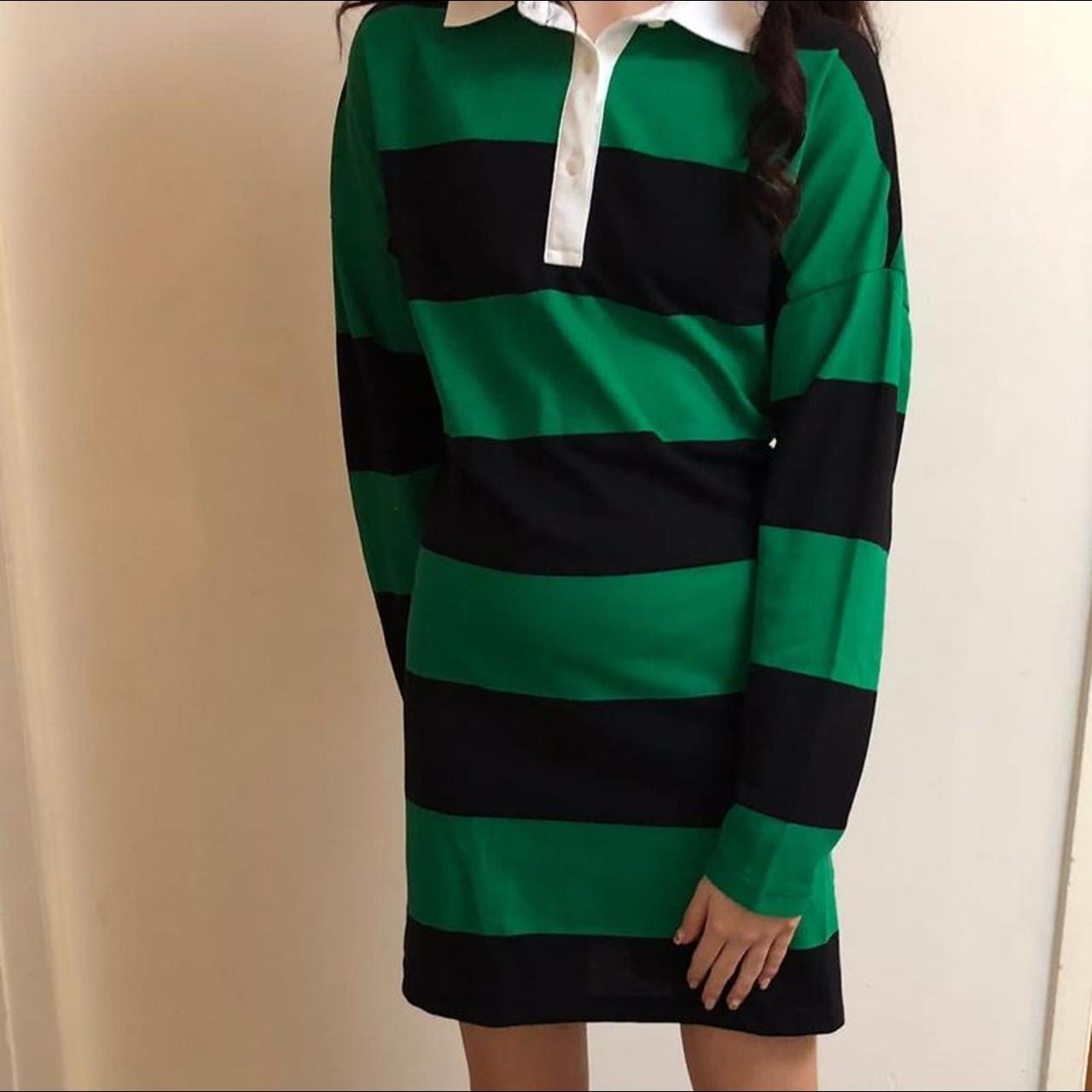 Collared green stripe rugby shirt style t-shirt... - Depop