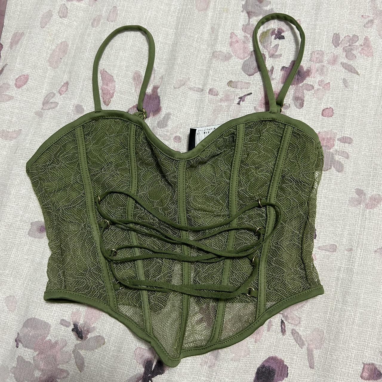 Cottage core tight fitting green laced corset... - Depop