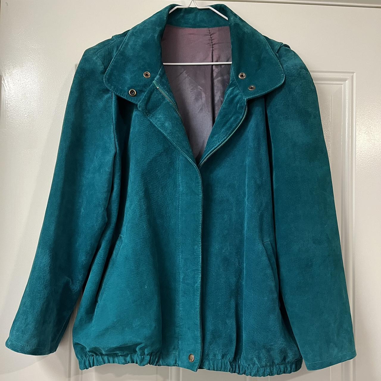Teal 100% leather jacket. Size 14 #teal #leather... - Depop