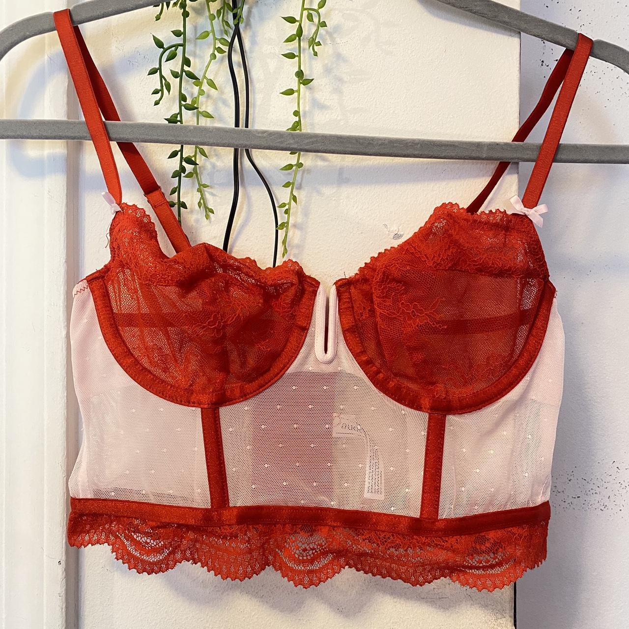 Red and light pink lace bralette. I love the lil now... - Depop