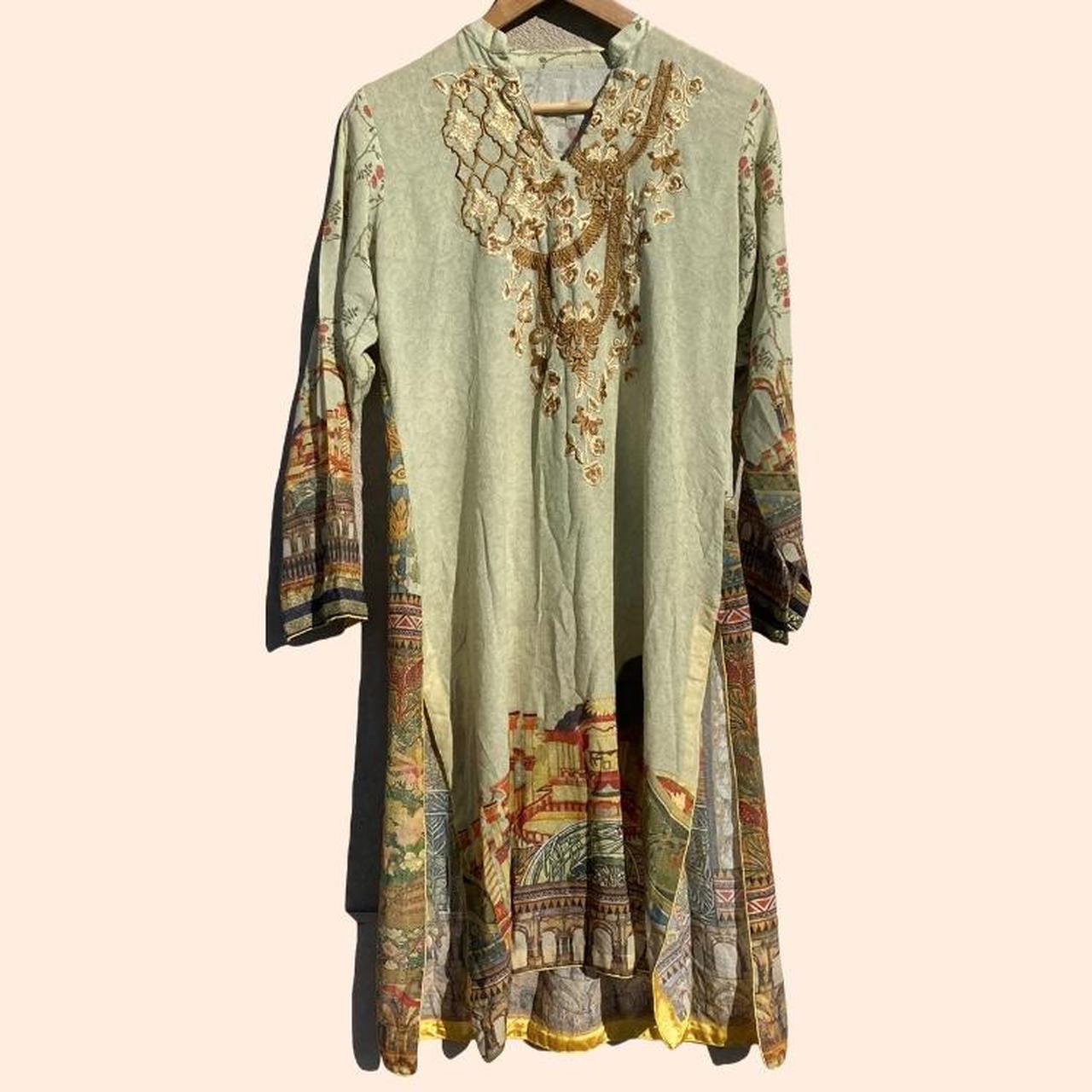 Sage green bohemian tunic dress with side split... - Depop