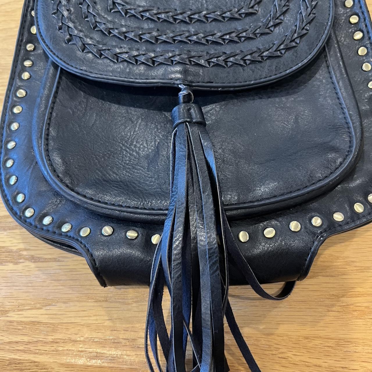 Black leather studded crossbody bag with tassel... | Depop