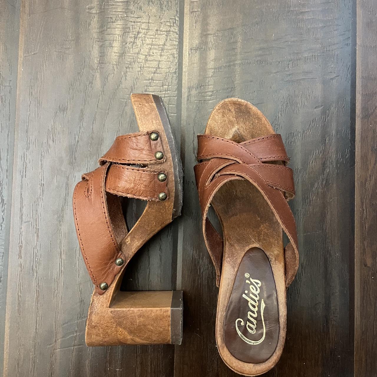 Candies brown leather sandals with a block heel and... - Depop