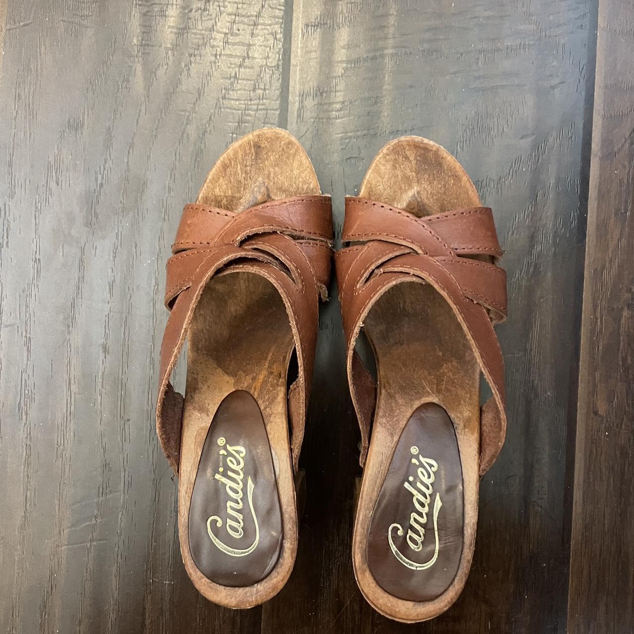 Candies brown leather sandals with a block heel and... - Depop