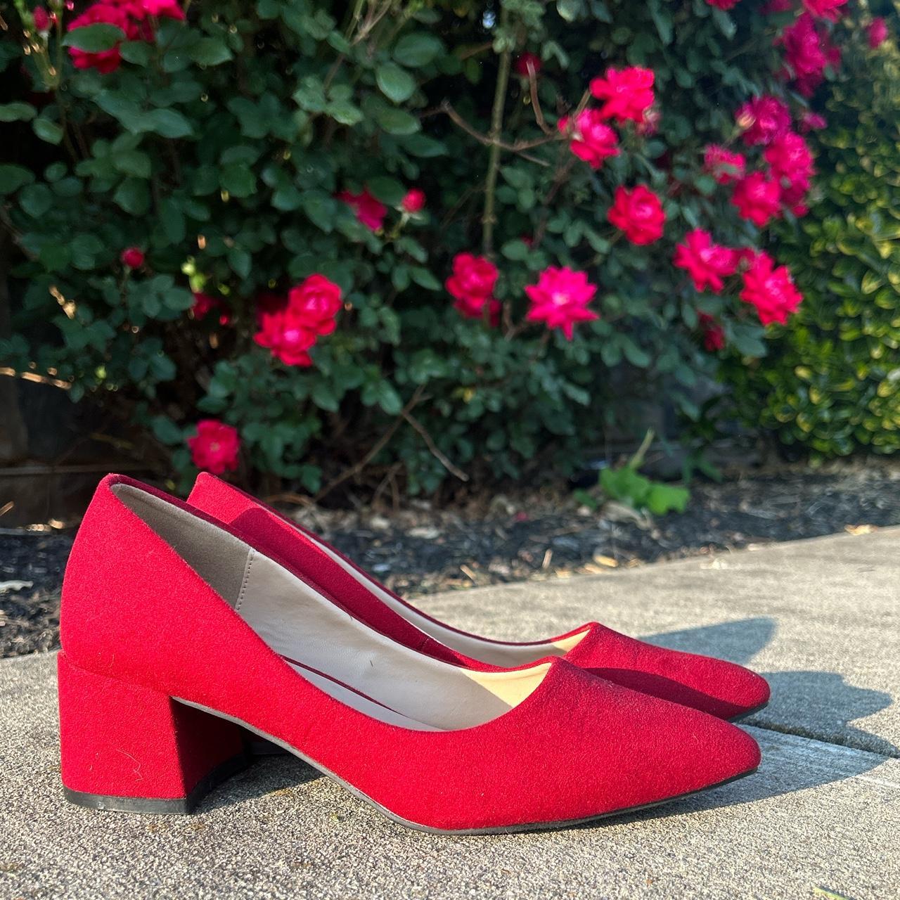 3 inch red cloth block heels - Depop