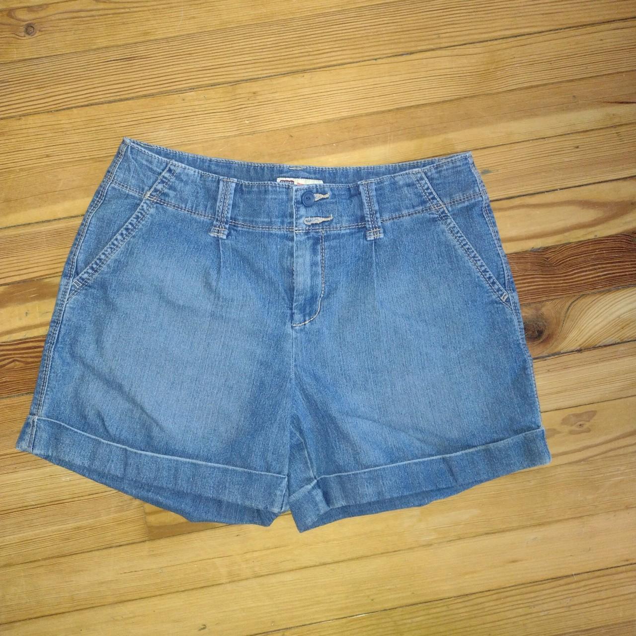 Cuffed denim shorts with pleats. Size 6 stretchy. .... - Depop
