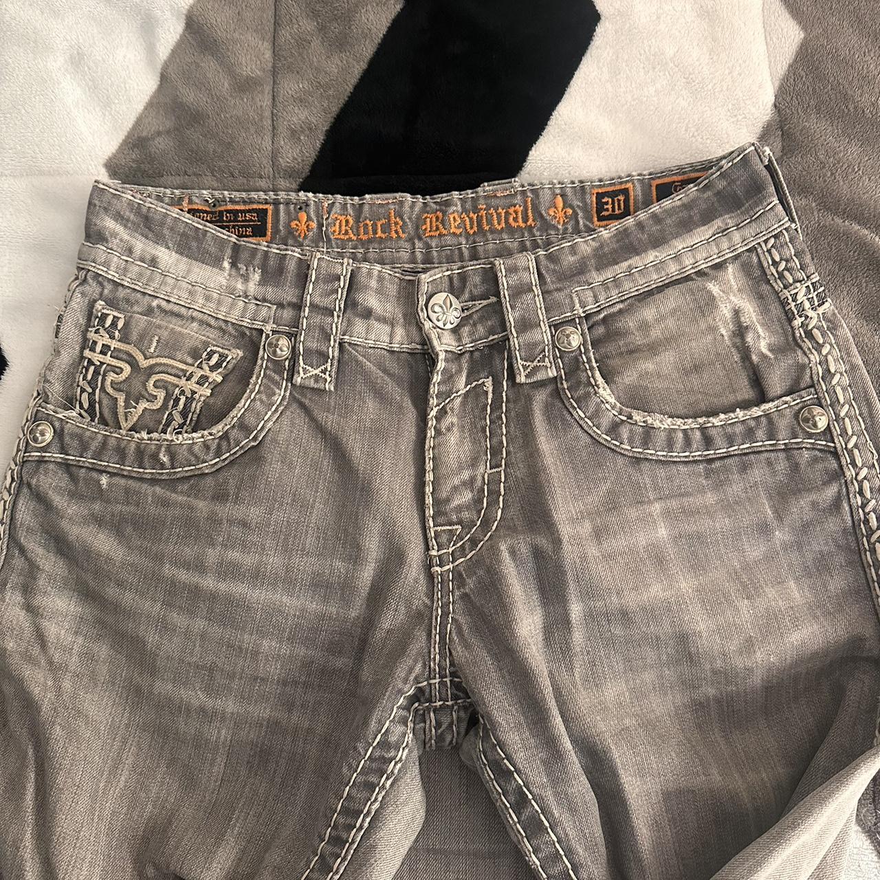 Grey Rock Revival jeans Size 30 Missing one back... - Depop