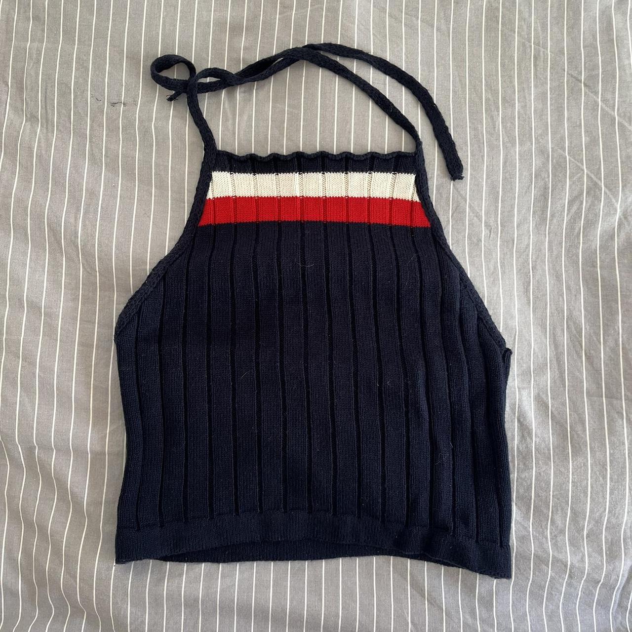 Brandy Melville blue knit halter top with red and... - Depop