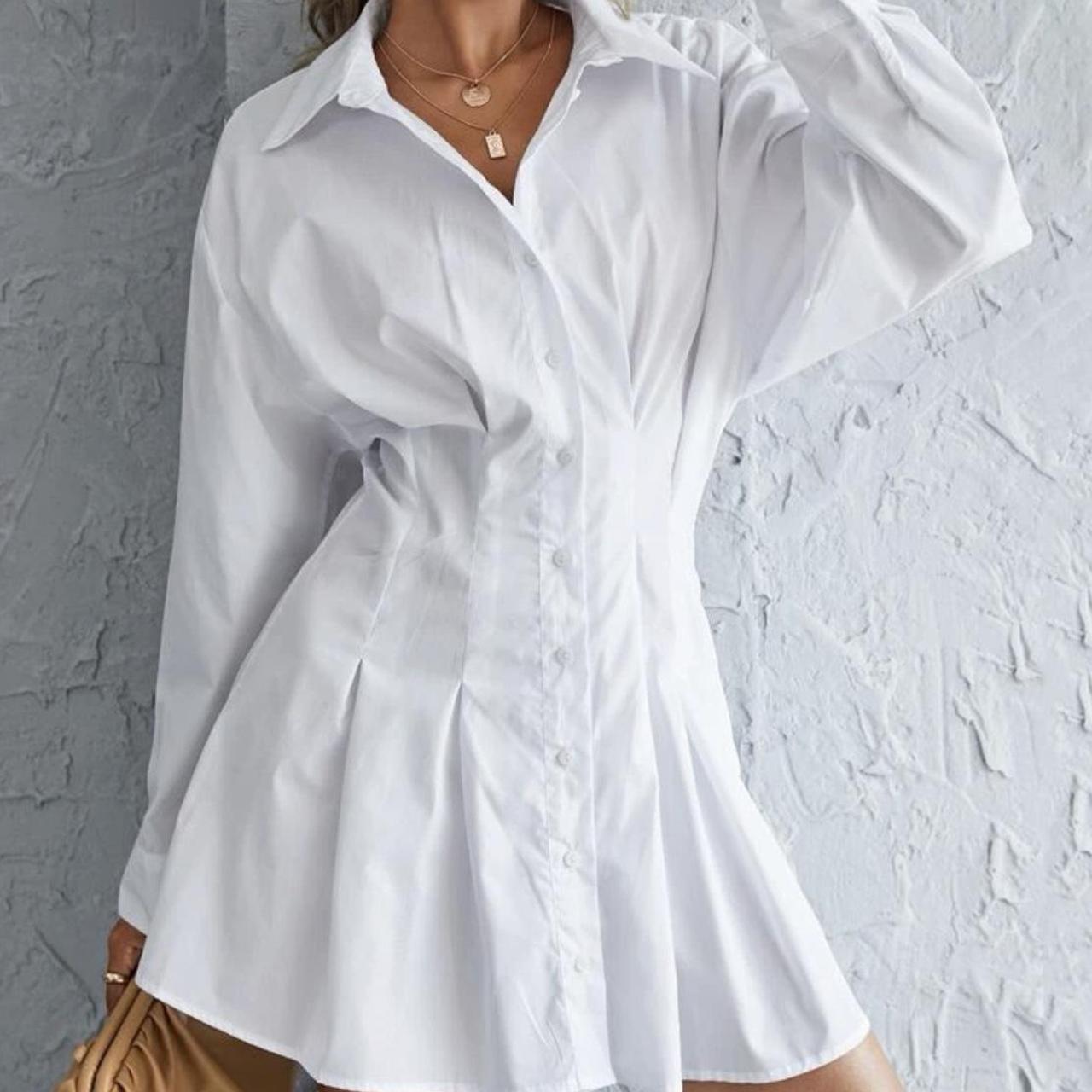 shein button up pleated white shirt dress. great for... - Depop