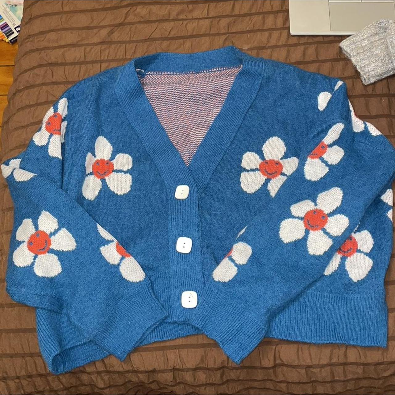 smiley print daisy floral patterned cardigan with... - Depop