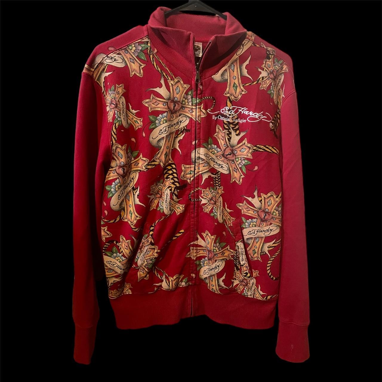 authentic red ed hardy zip-up 👺 closet item! -... - Depop