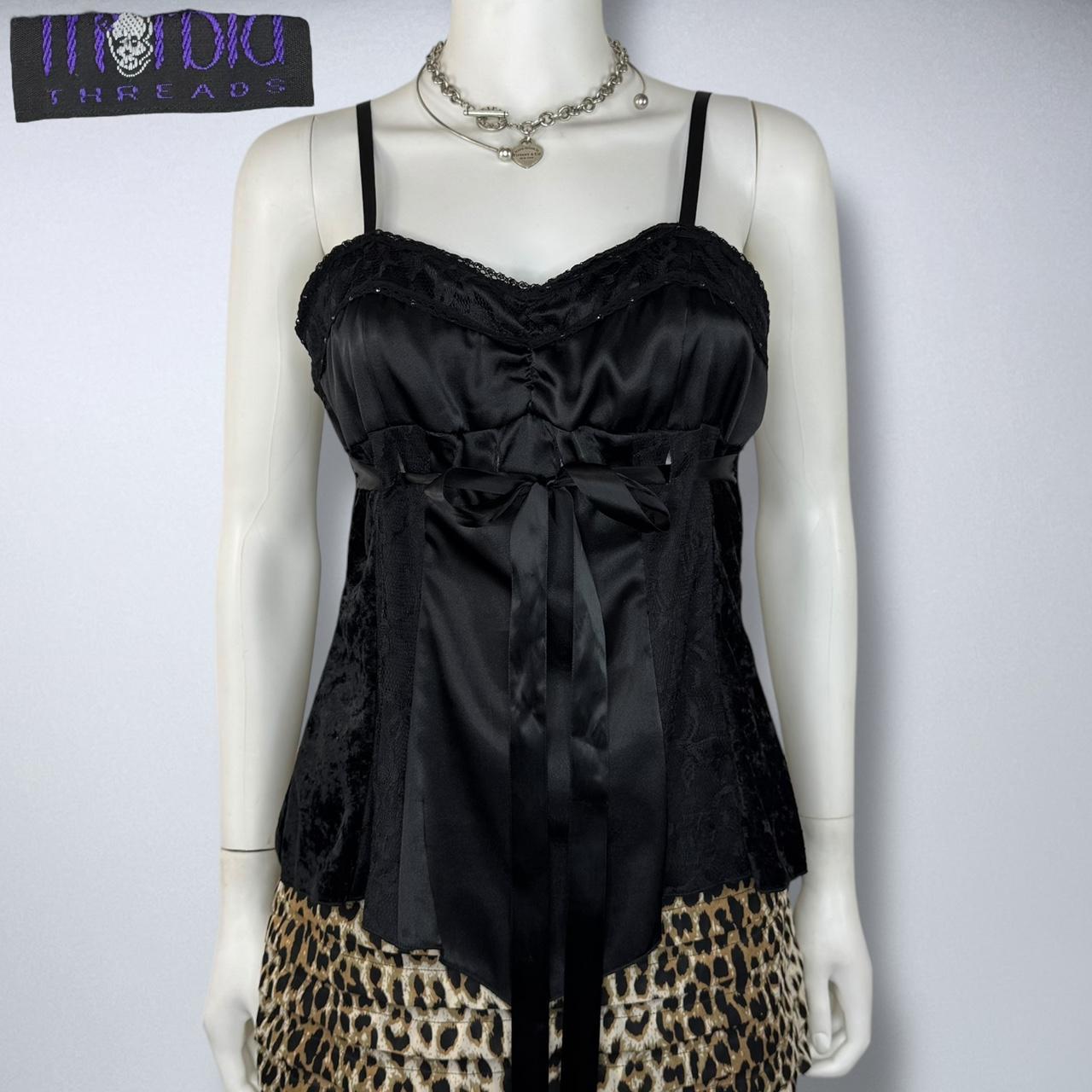 Morbid Threads black satin and lace tank with big... | Depop
