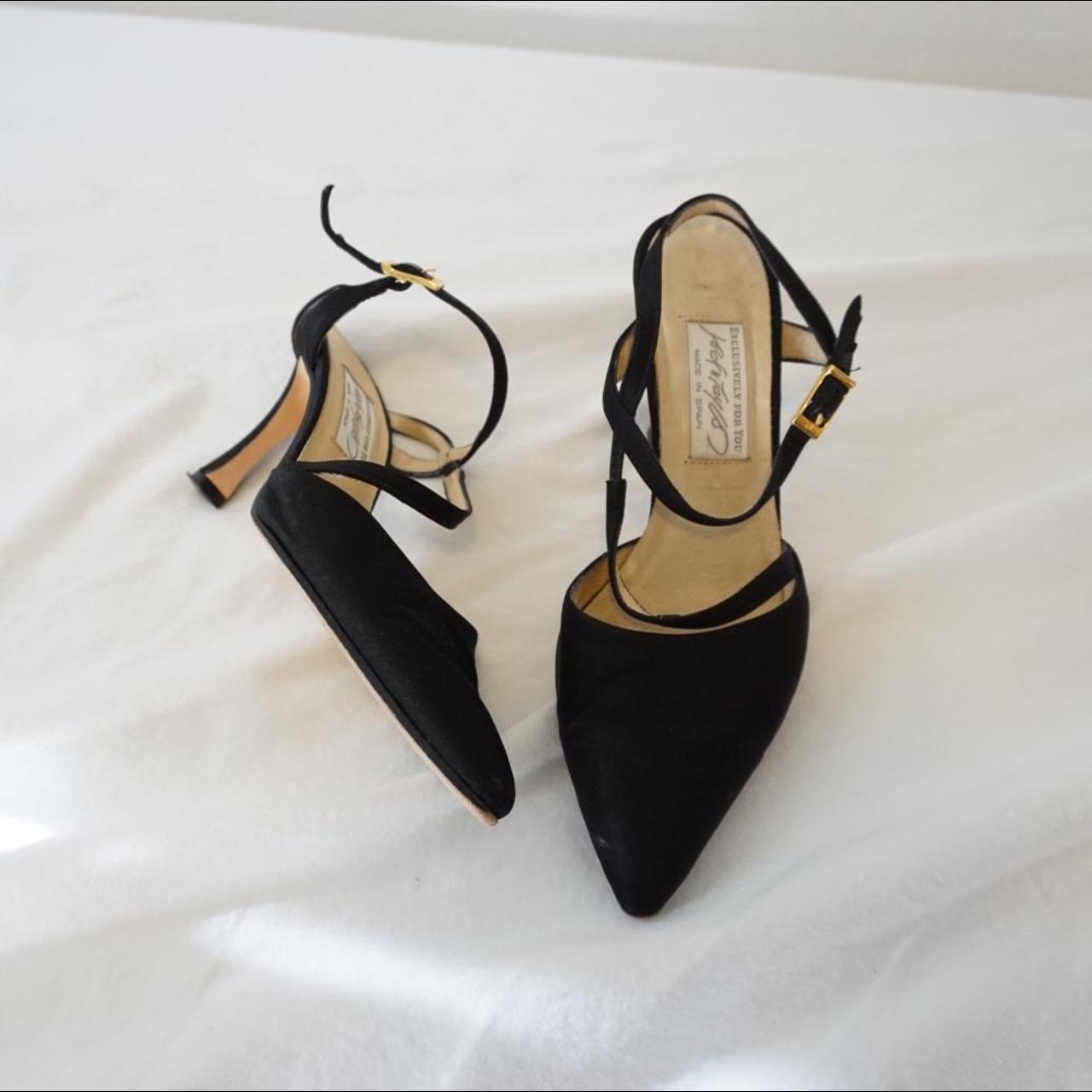 🤍 90s vintage black satin strapped high heel with... - Depop