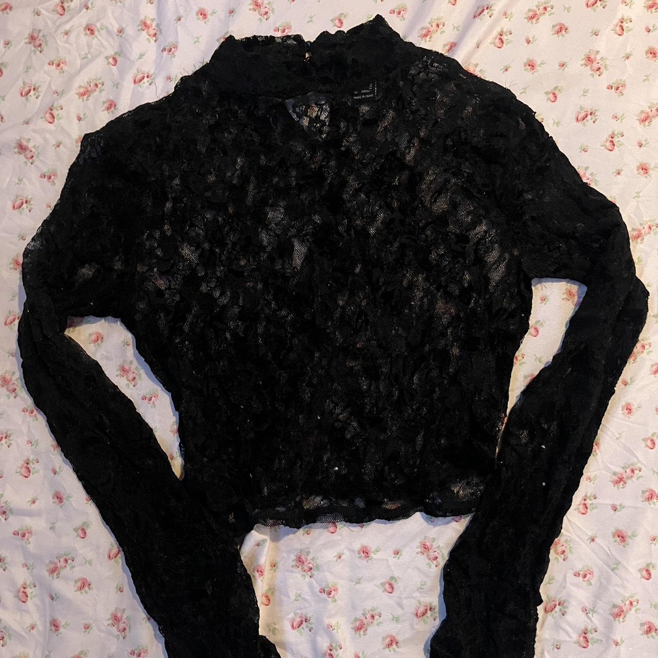 black lace sheer long sleeve top, hugs neck, never... | Depop