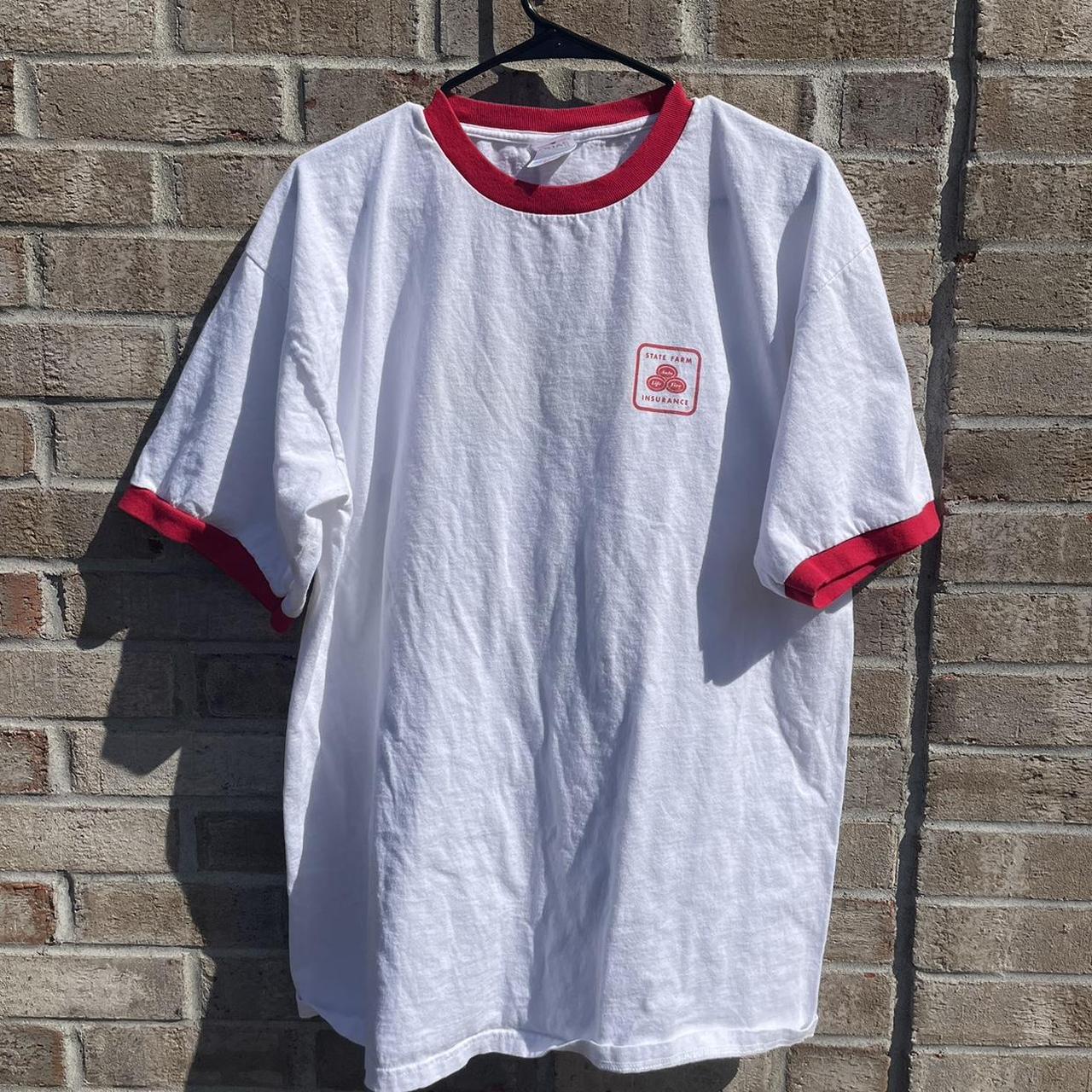 Vintage early 2000s retro style white tee with red... - Depop