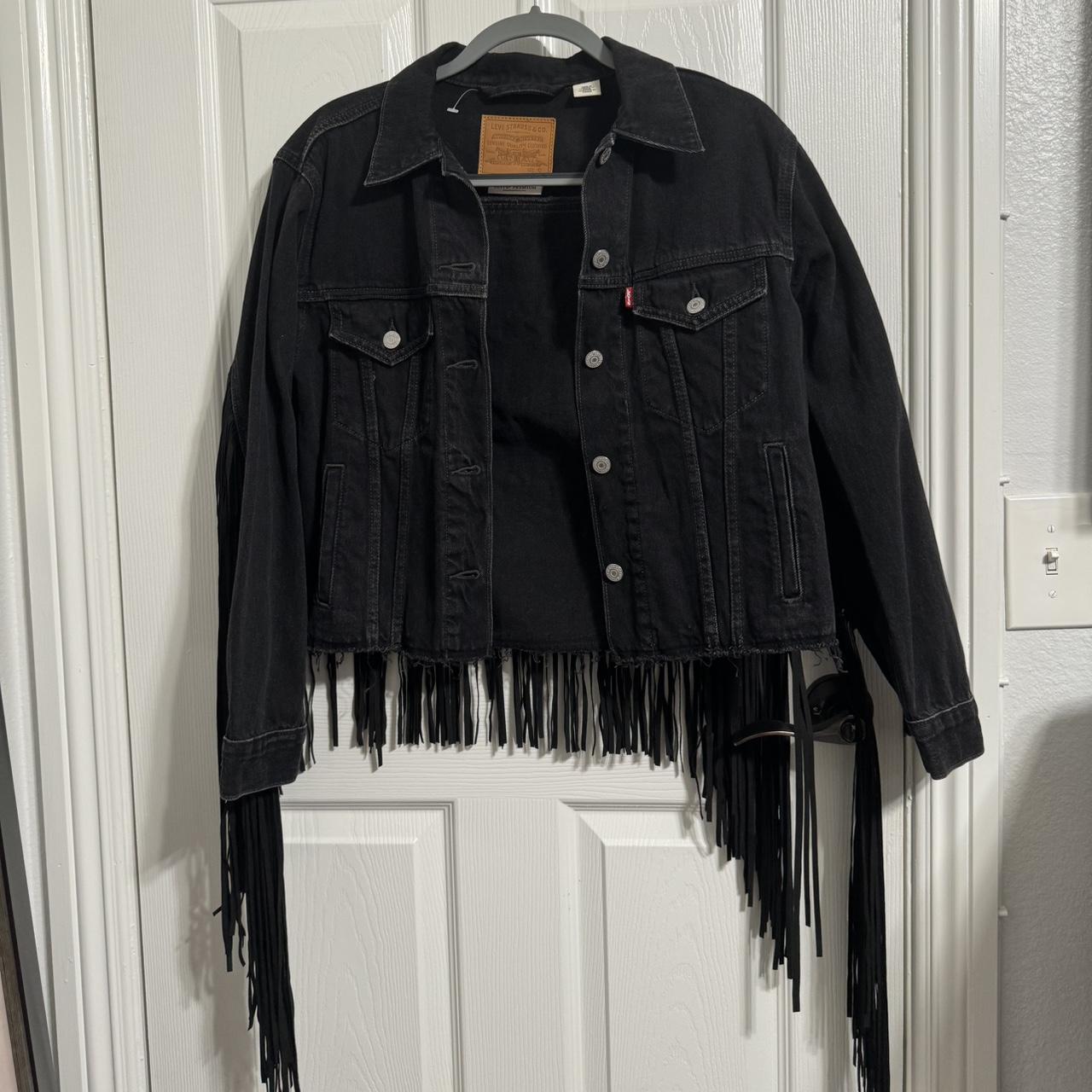 levi’s black denim fringe tassel jacket worn once... - Depop