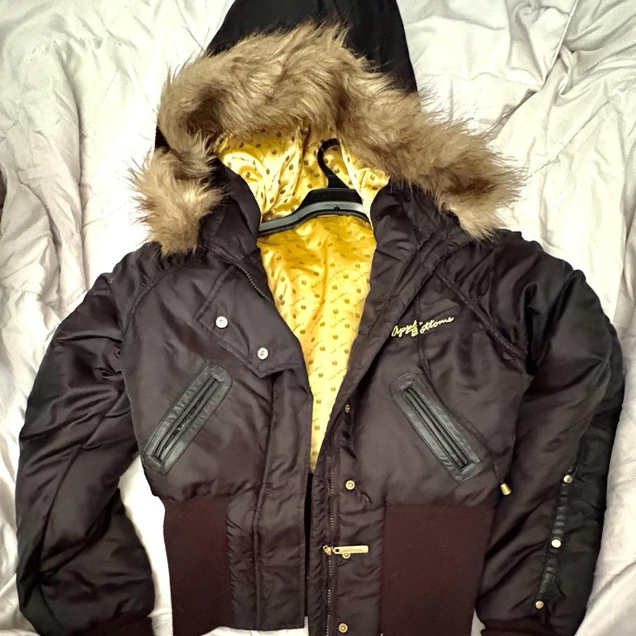 Apple bottom puffer jacket Brown and yellow puffer... | Depop