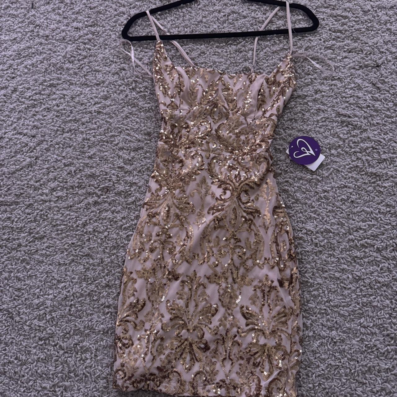 Windsor Gold sequin backless dress with lace up... | Depop