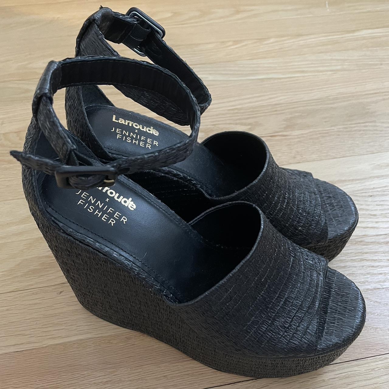 larroude heeled wedge sandals, never worn, black... - Depop