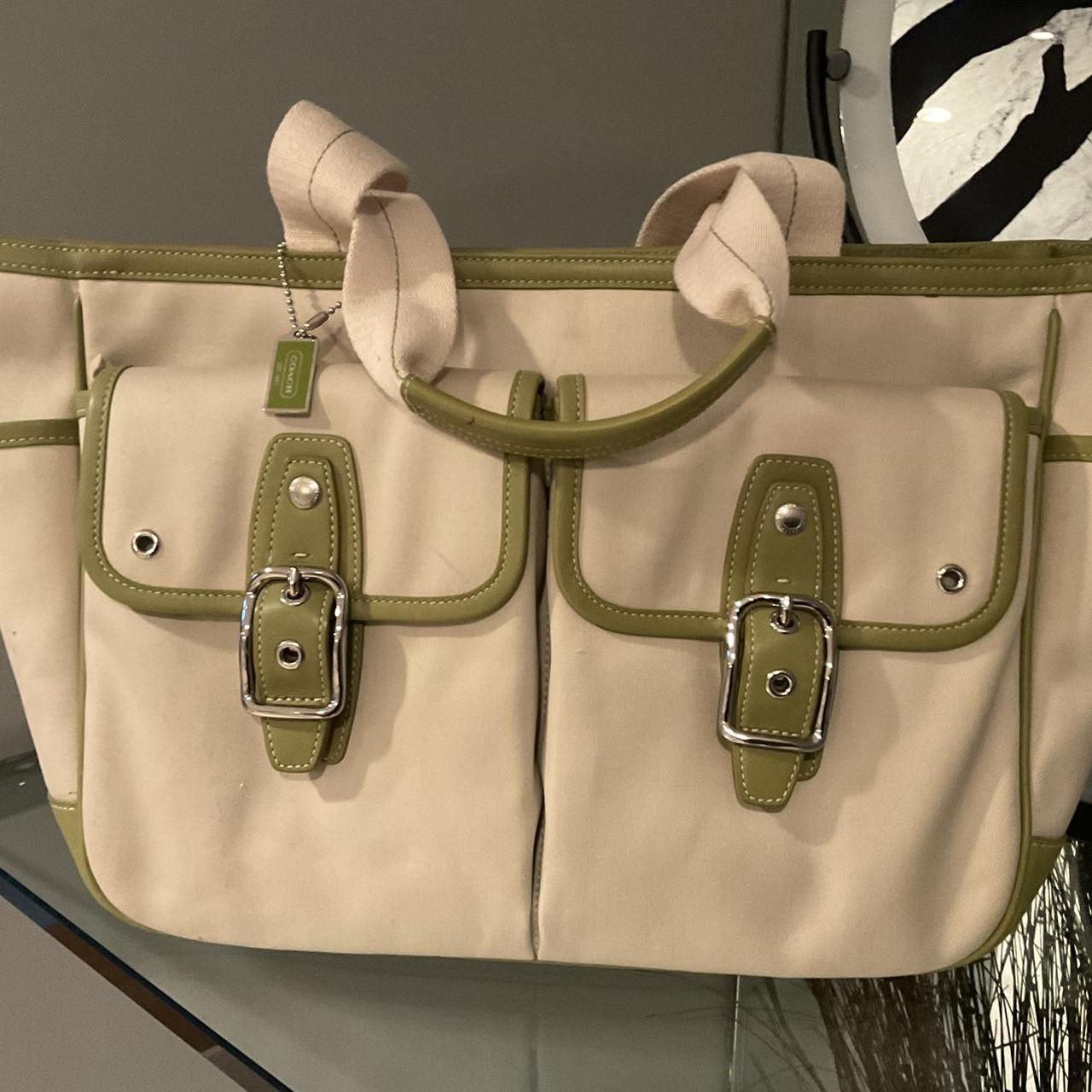 Coach Bone Fabric with Apple Green Leather Trim... | Depop