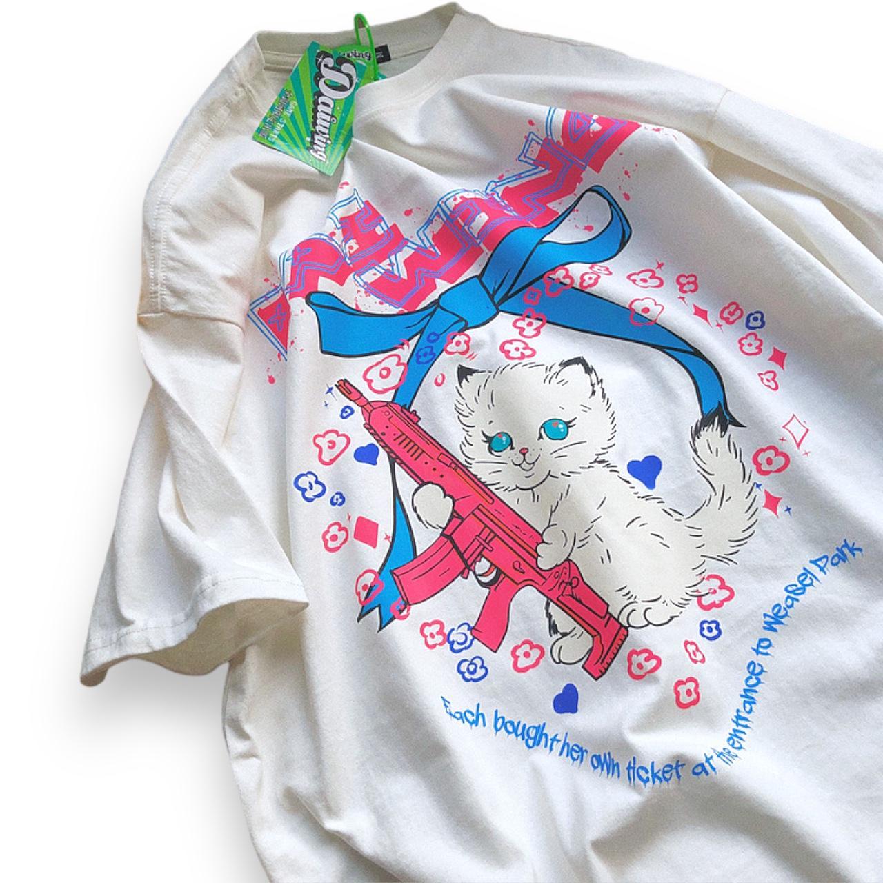 🤍oversized Y2K post-internet kitten with gun printed... - Depop