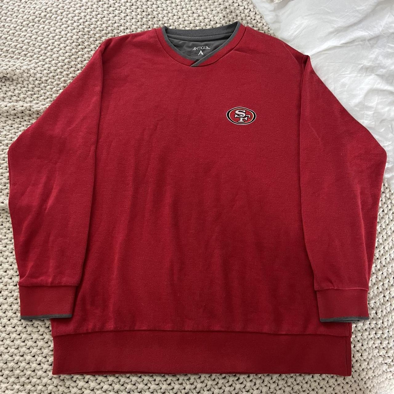 red sf niners crew neck shoulder: 21 in sleeve: 23... - Depop