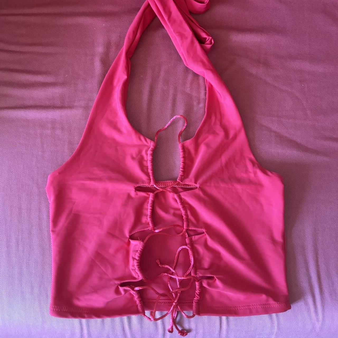 Red Lace Up Halter Top Size: Small stretchy /... - Depop