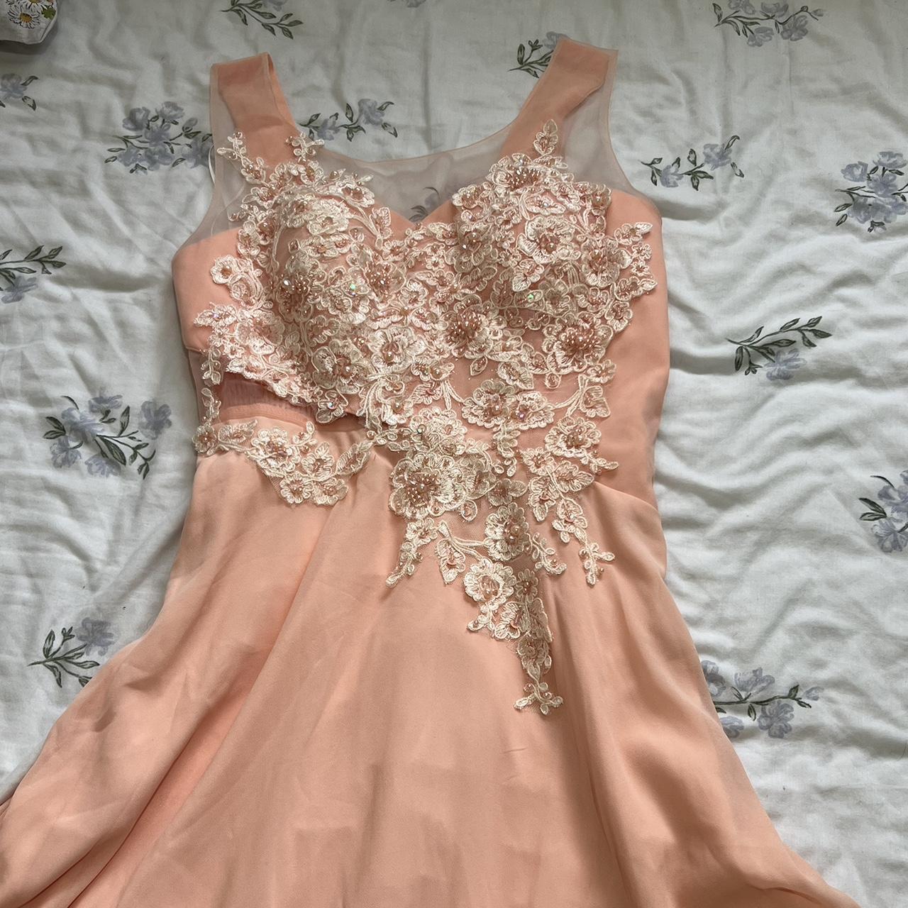 pink prom dress baby pink prom dress with beaded... - Depop