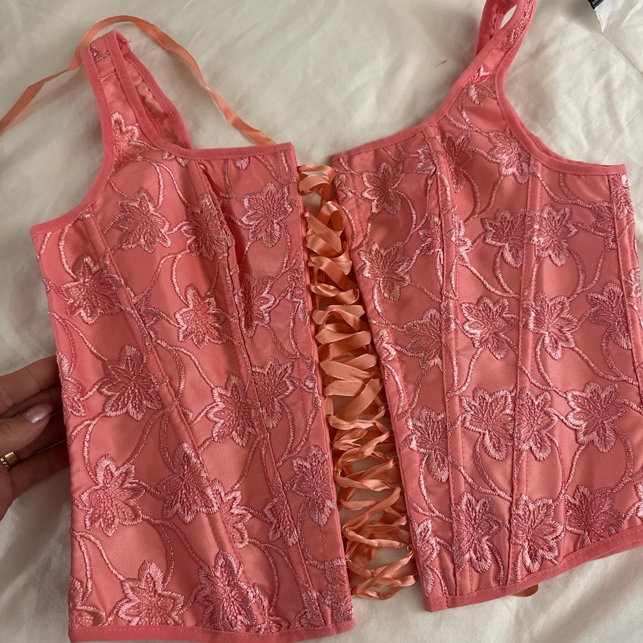 Pink corset with ribbon lace back, adjustable... | Depop