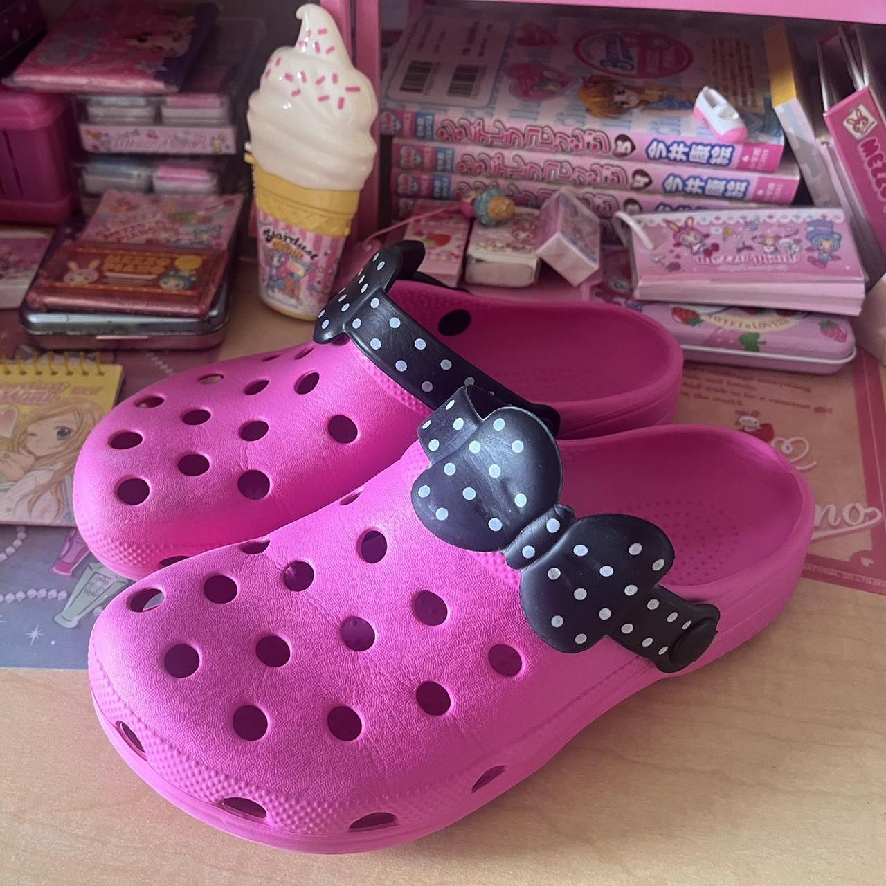 ribbon bow polkadot magenta pink crocs 21cm - super... | Depop