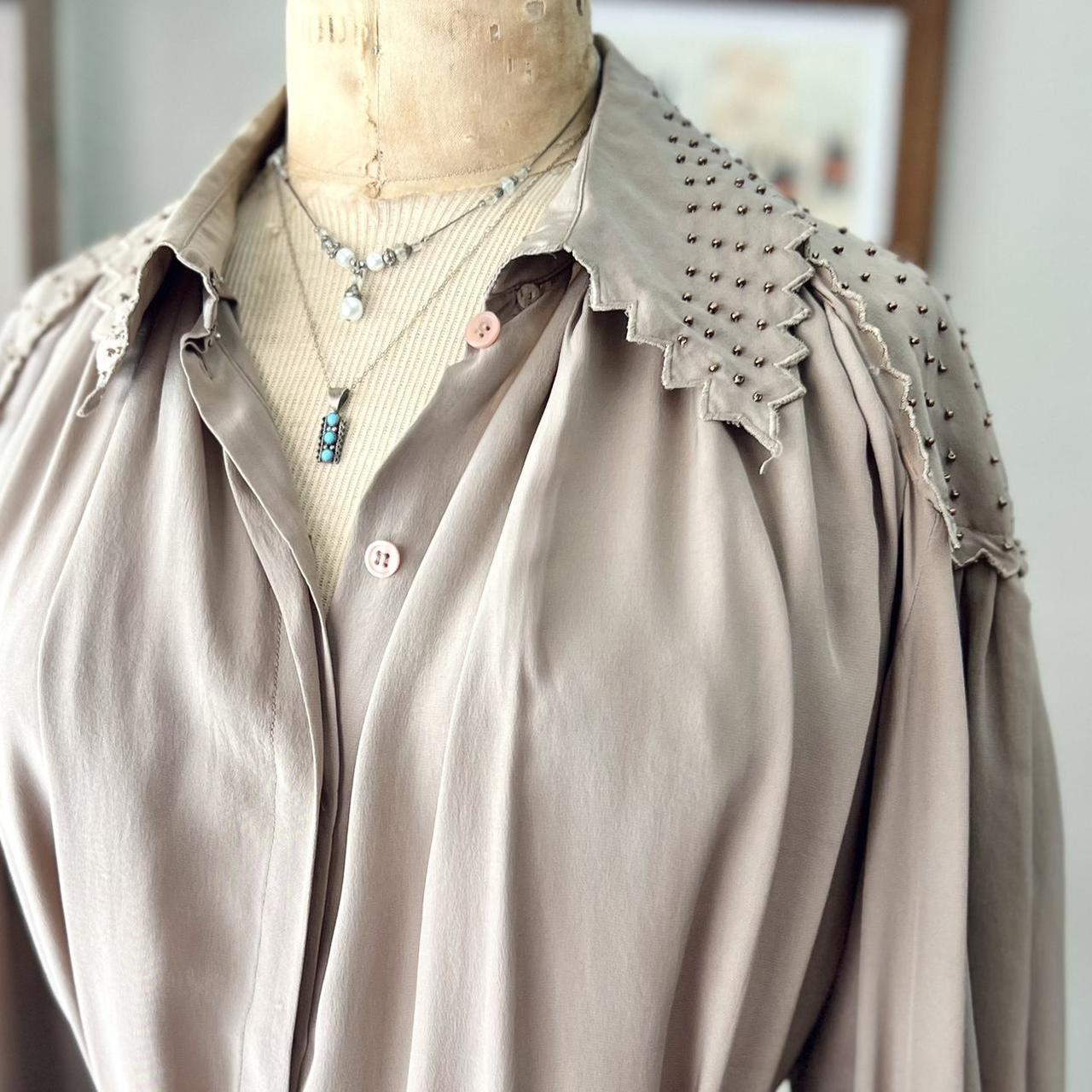 Vintage Silk Beaded Blouse Full Sleeves Tan Depop