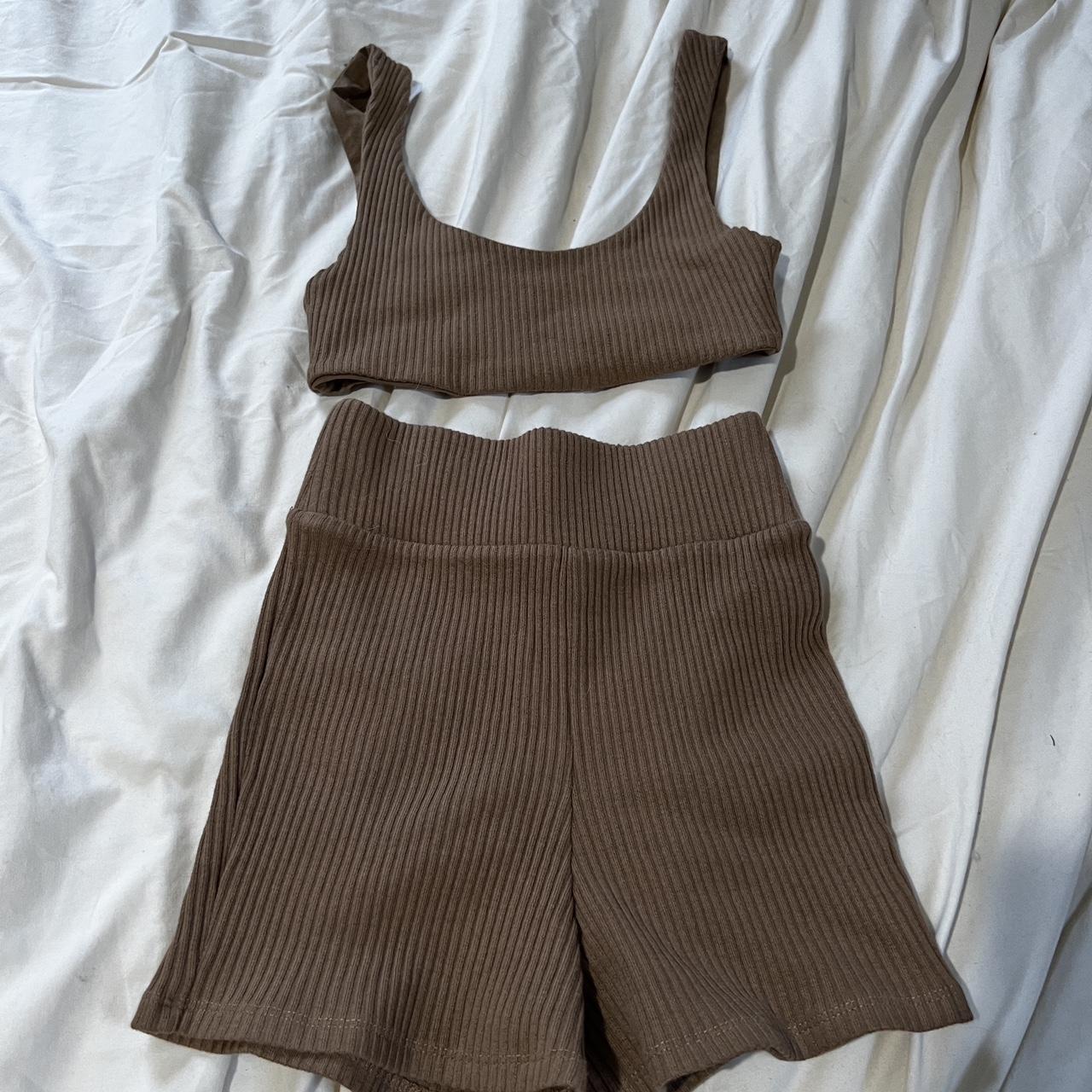 brown ribbed zara two piece set super thick, size... - Depop