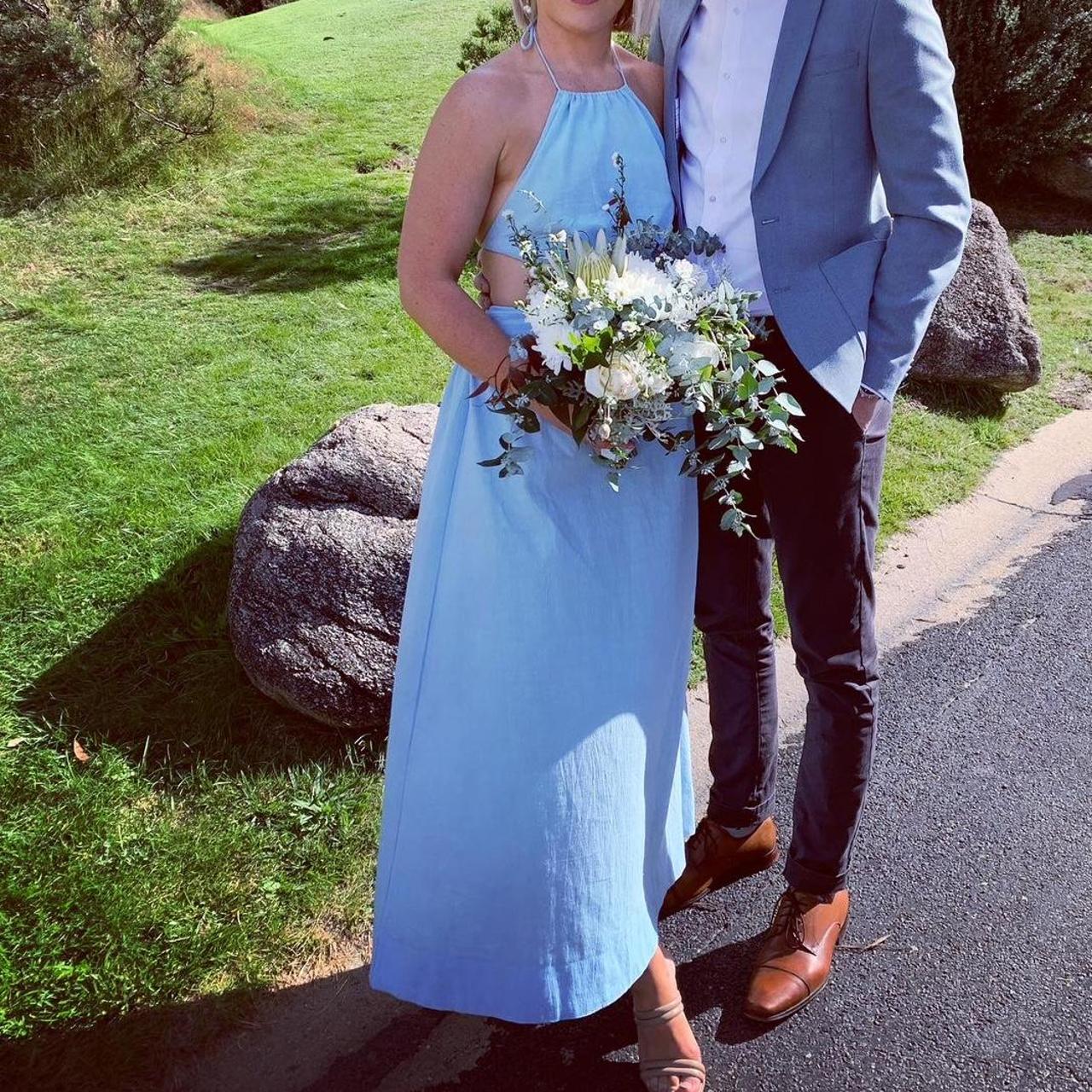 Blue Linen Dress Backless Halter and back tie up... - Depop