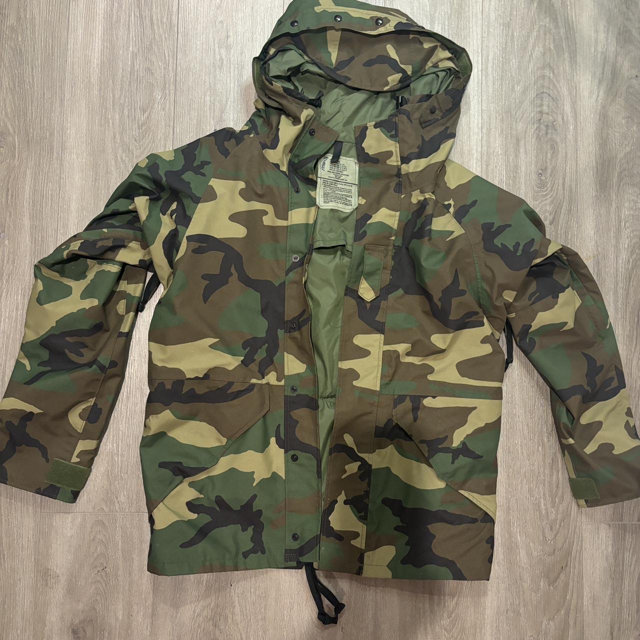 Khaki and green camo jacket with hood, zipper, and... - Depop