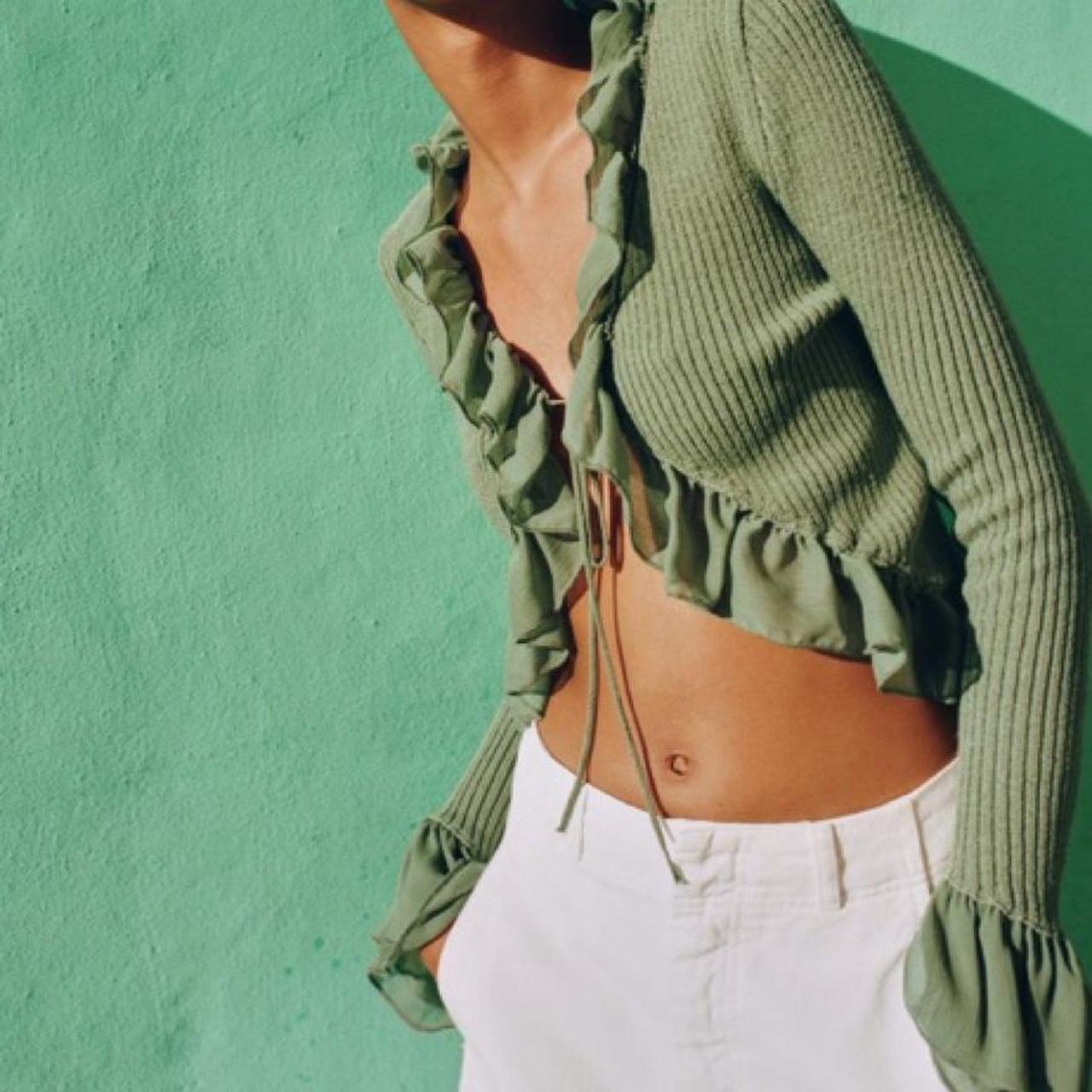 Zara green ruffle knit long sleeve top only worn... - Depop