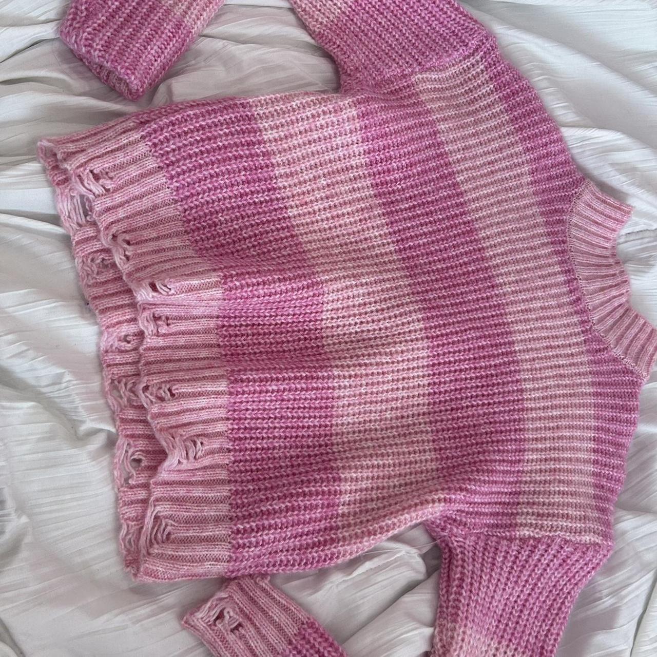 Distressed Two Tone Pink Stripe Sweater Cropped Size... - Depop