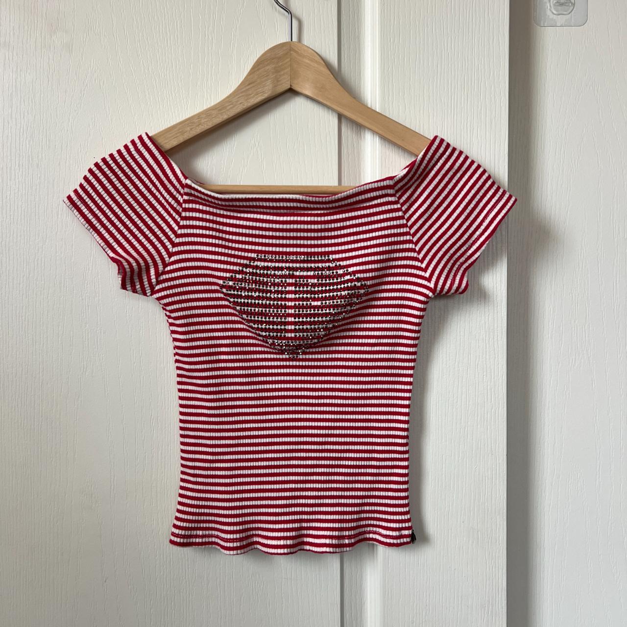 vintage off the shoulder top red and white stripped... - Depop