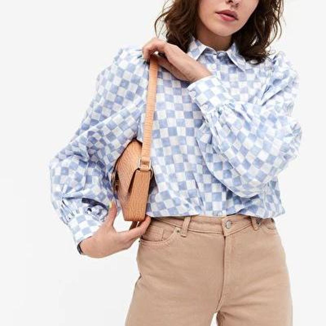 Monki Women's White and Blue Blouse | Depop