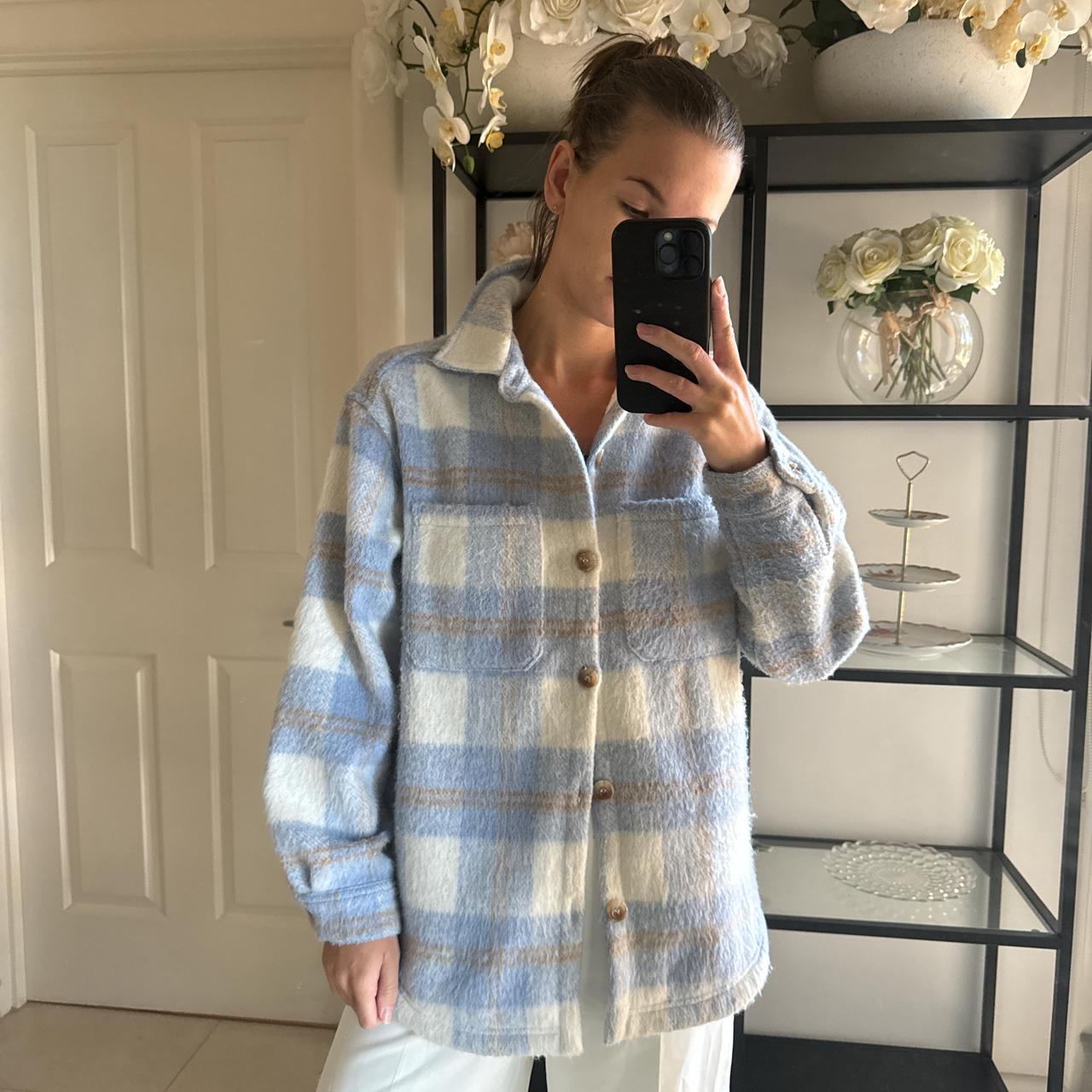 Rhythm Blue and white checkered fluffy shacket... | Depop