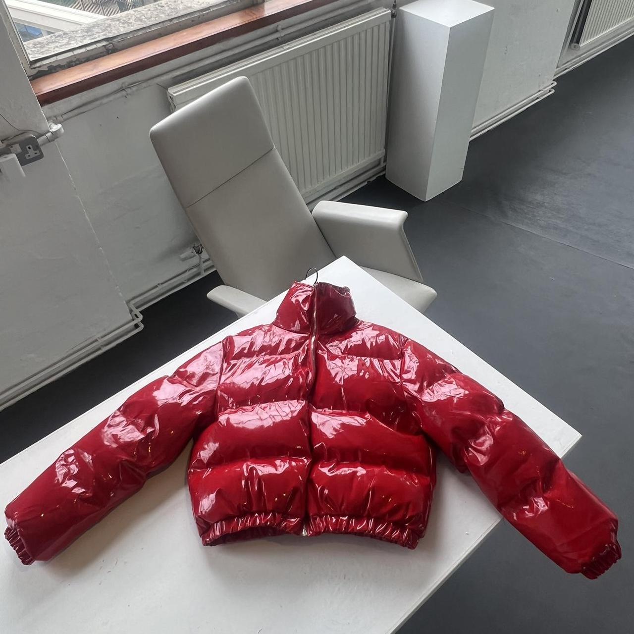 Bright red shiny vinyl pvc zip up puffer jacket One... - Depop