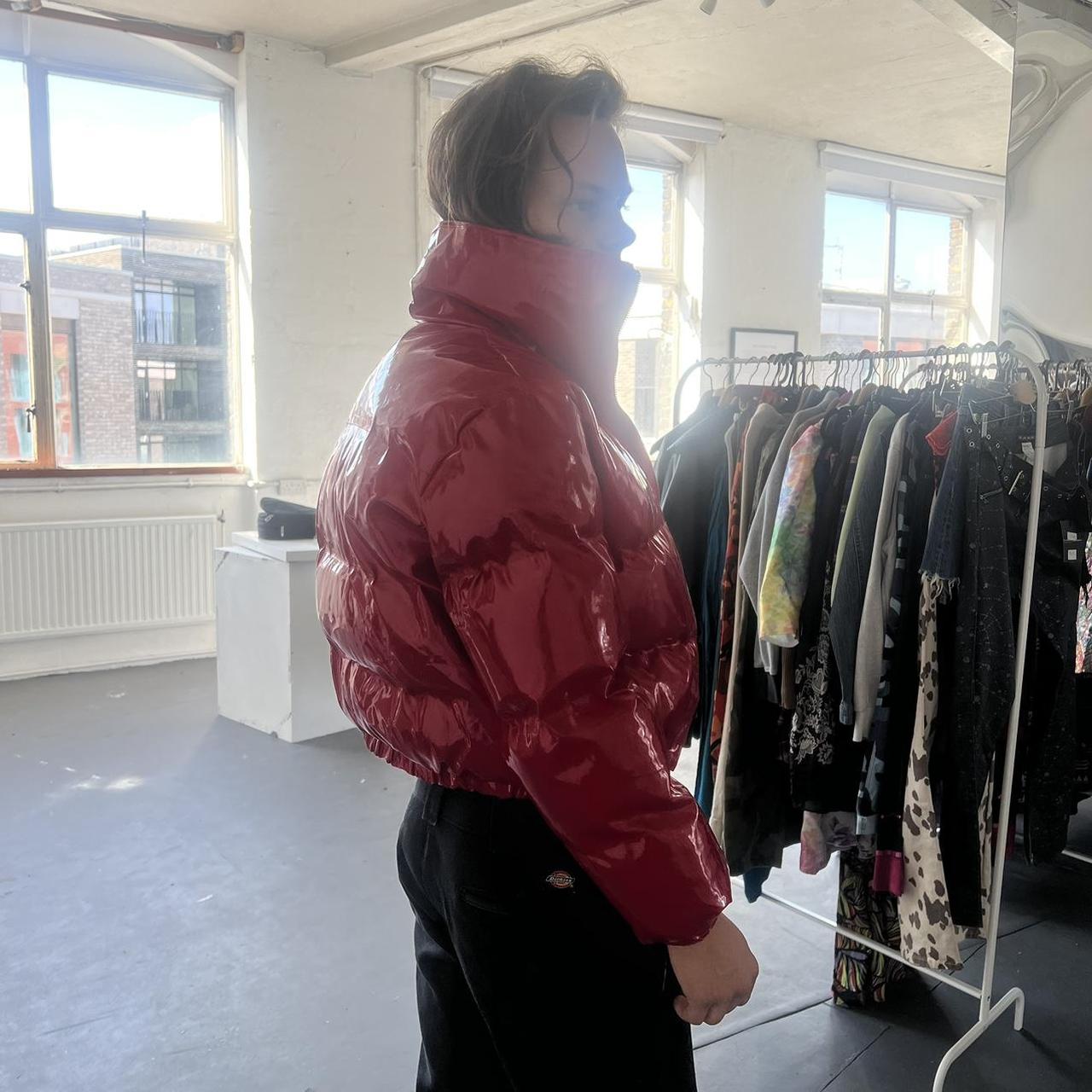 Bright red shiny vinyl pvc zip up puffer jacket One... - Depop