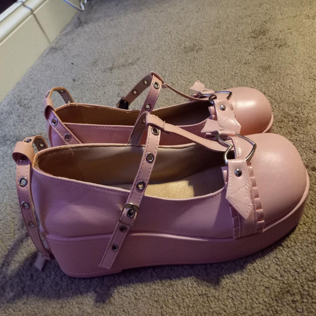 Cute pastel pink heart bat wings mary janes... - Depop