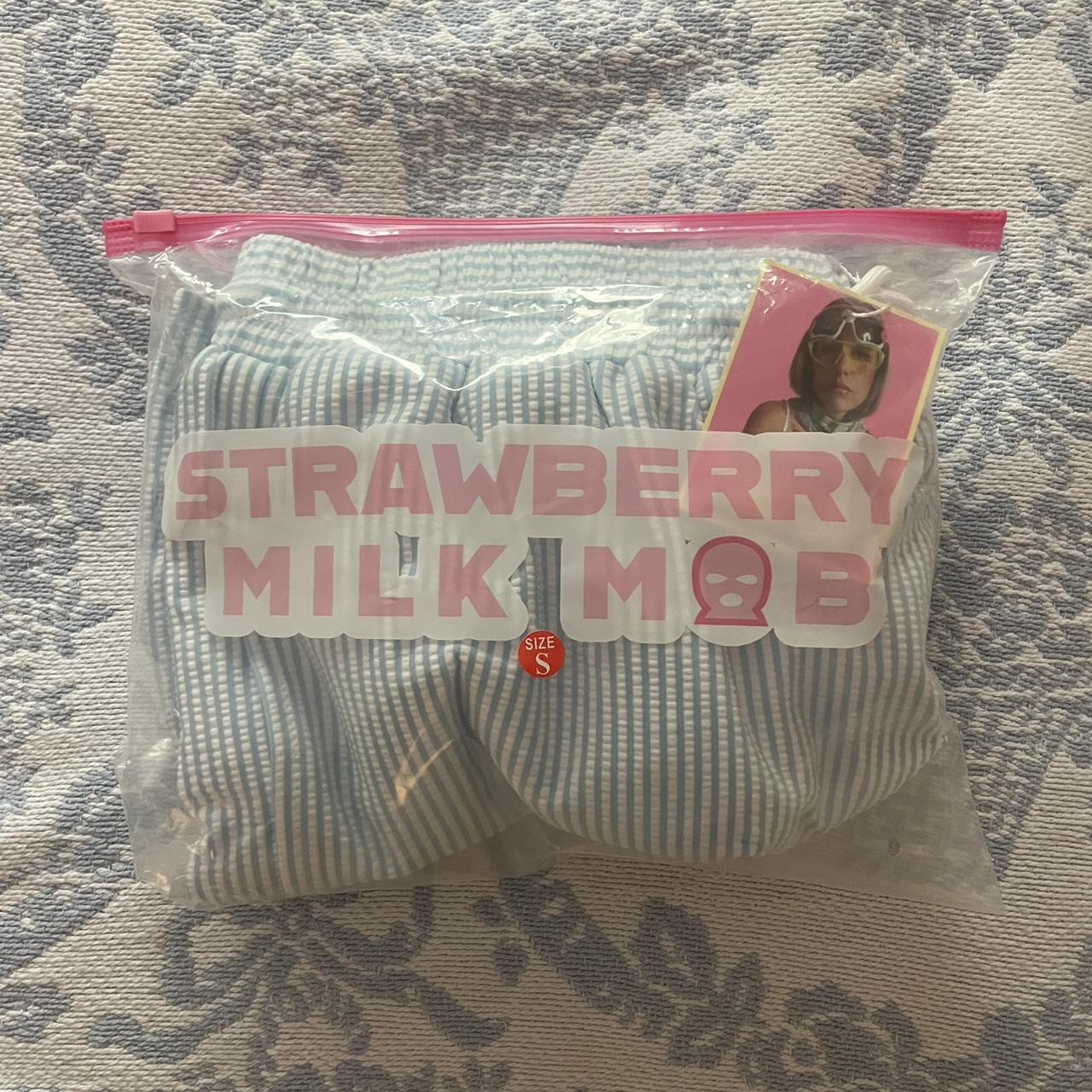 Strawberry Milk Mob Swim Trunks Blue and White... - Depop