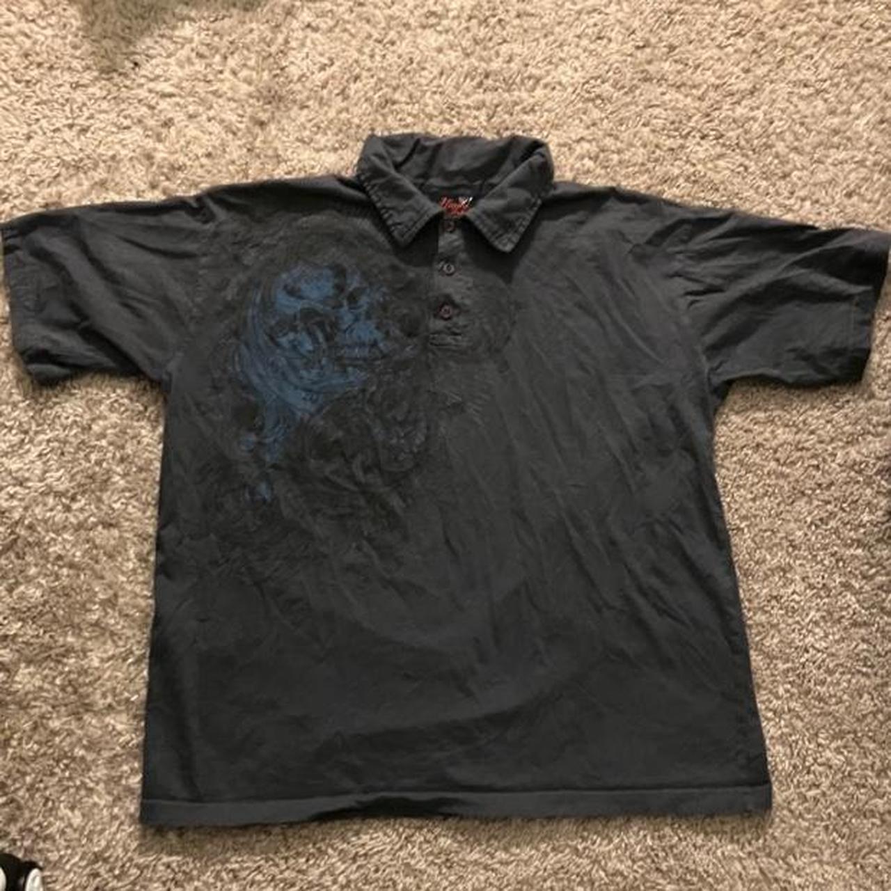 affliction style polo dark grey with blue designs... - Depop