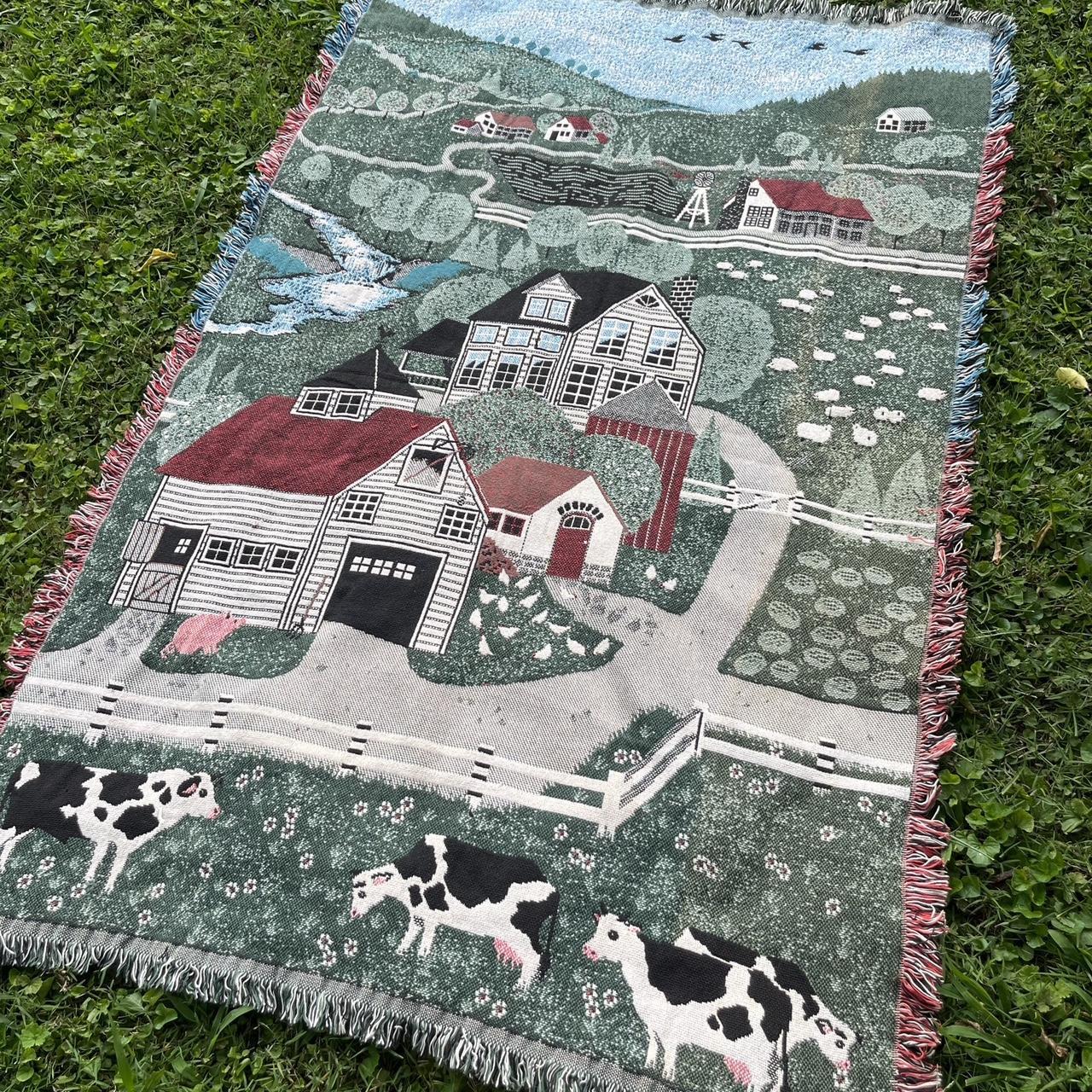 Vintage Cottage, Barn, and Farm Woven Throw Tapestry... - Depop