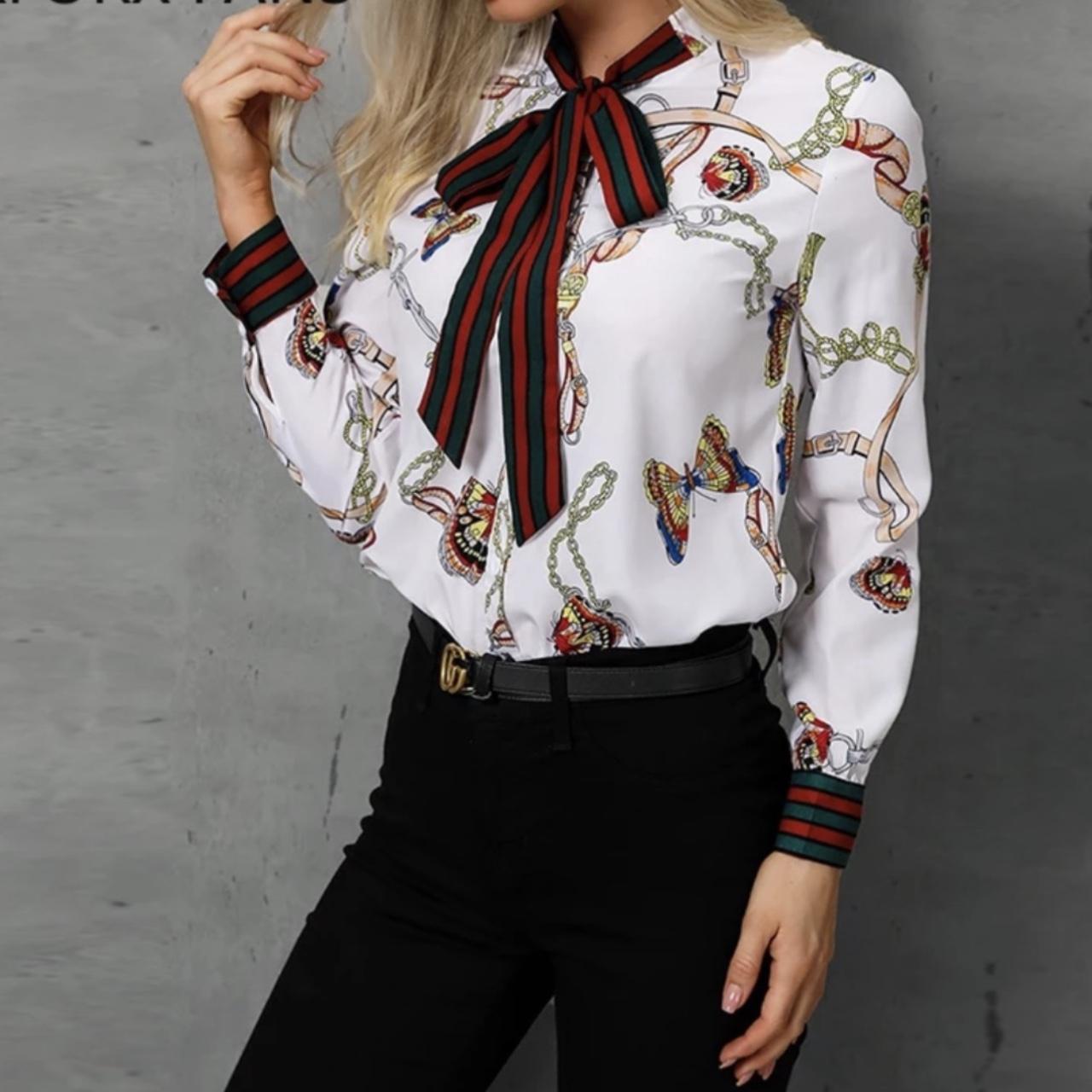 Chain-link print button down shirt with bow tied neck - Depop